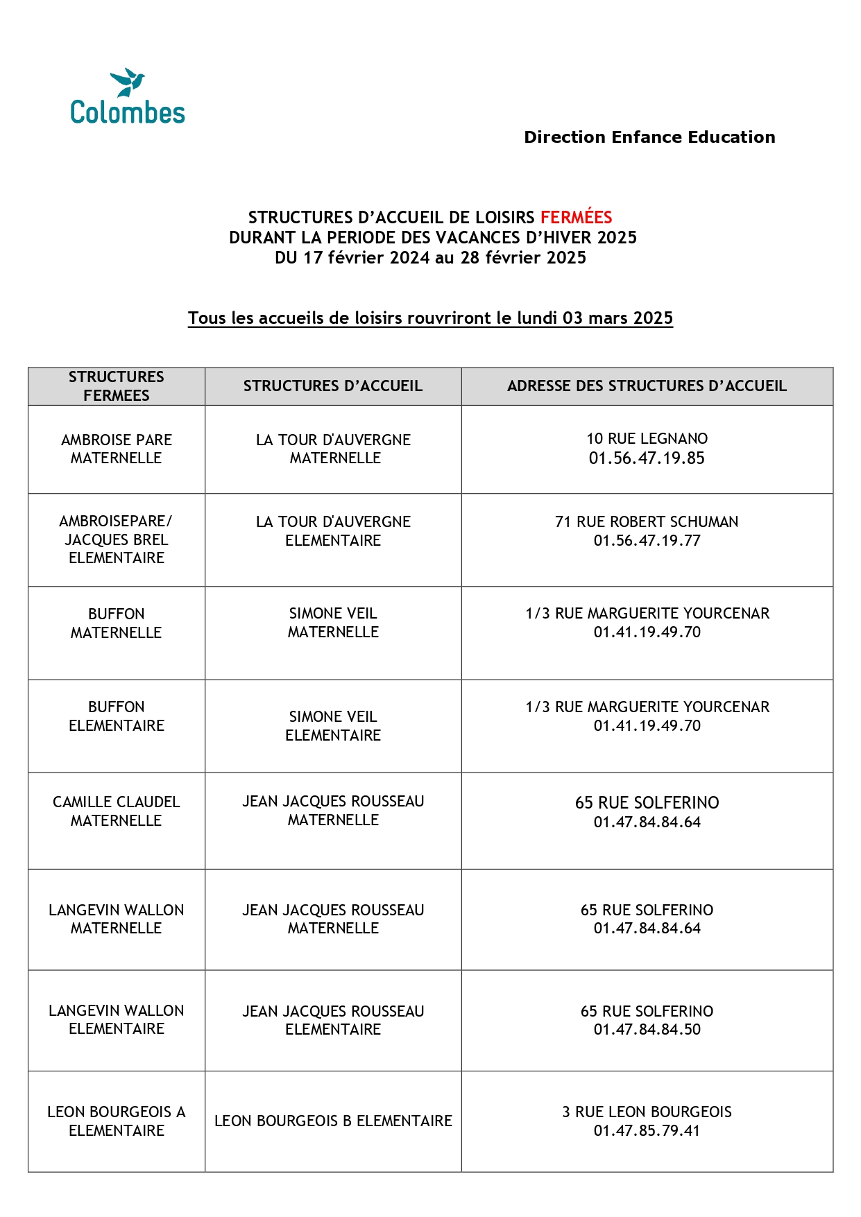 Accueils de loisirs : vacances d’hiver 2025 – Ville de Colombes – Site officiel